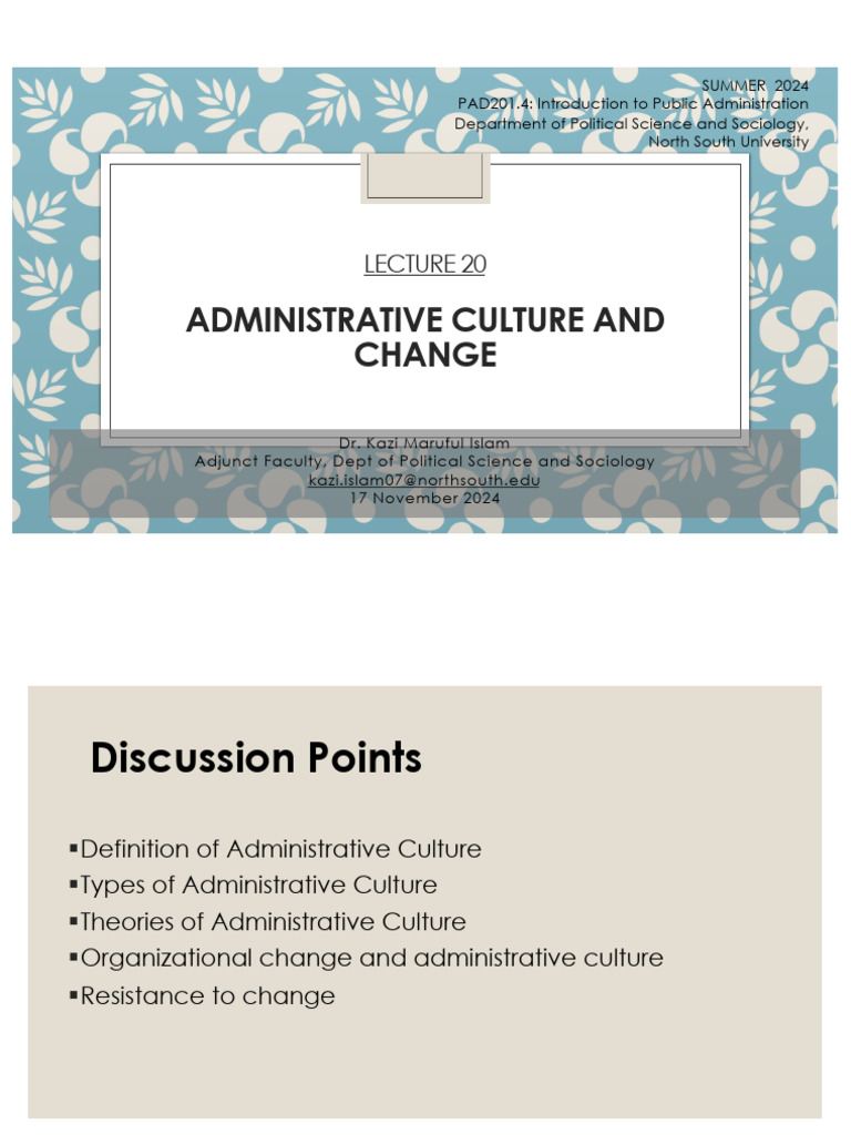 Lecture 20 - PAD201 - Summer 2024 - KfI | PDF | Organizational Behavior | Organizational Culture