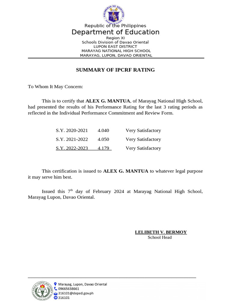 Certificate of Performance Rating | PDF