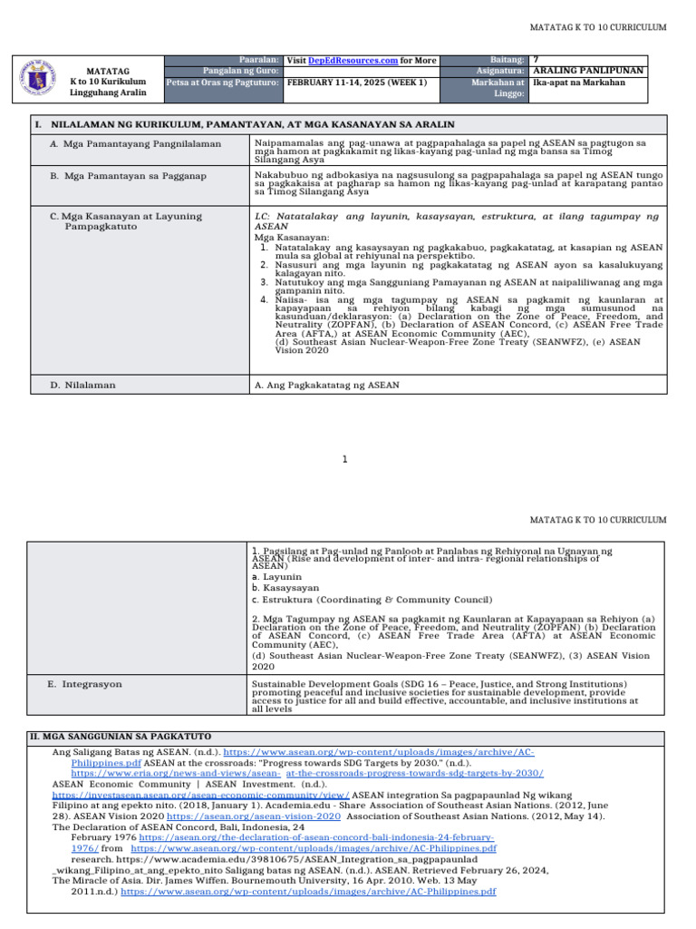DLL Matatag - Araling Panlipunan 7 Q4 W1 | PDF