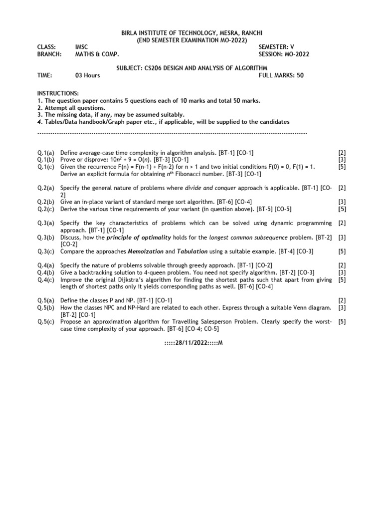 CS206 DESIGN AND ANALYSIS OF ALGORITHM (END_MO22) | PDF | Time Complexity | Recurrence Relation