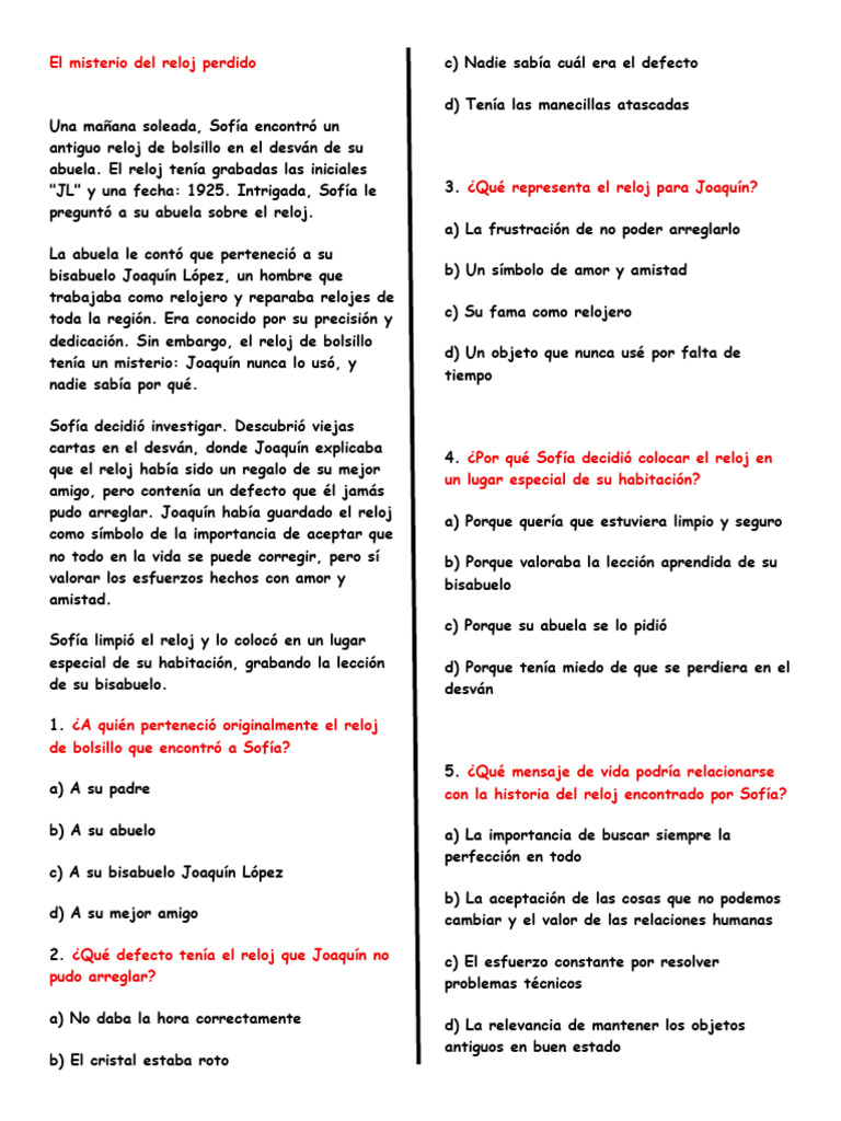 Lectura Diagnóstica 4° El Misterio Del Reloj Perdido | PDF | Reloj