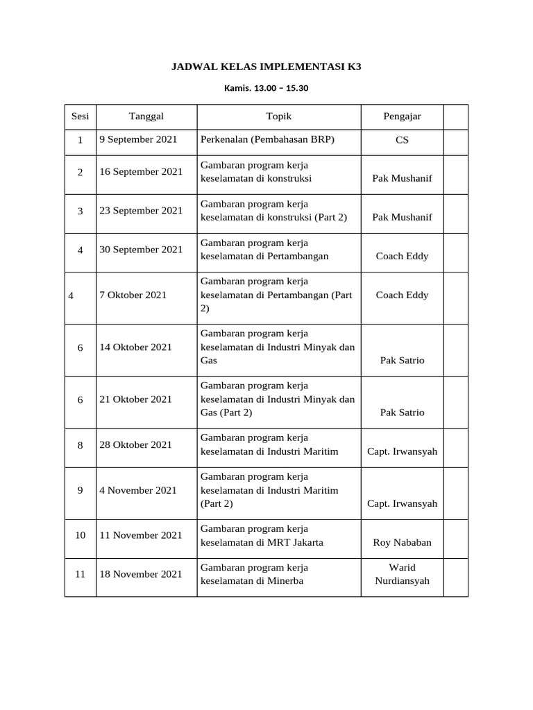 Jadwal Kelas Implementasi K3 2021 2 | PDF