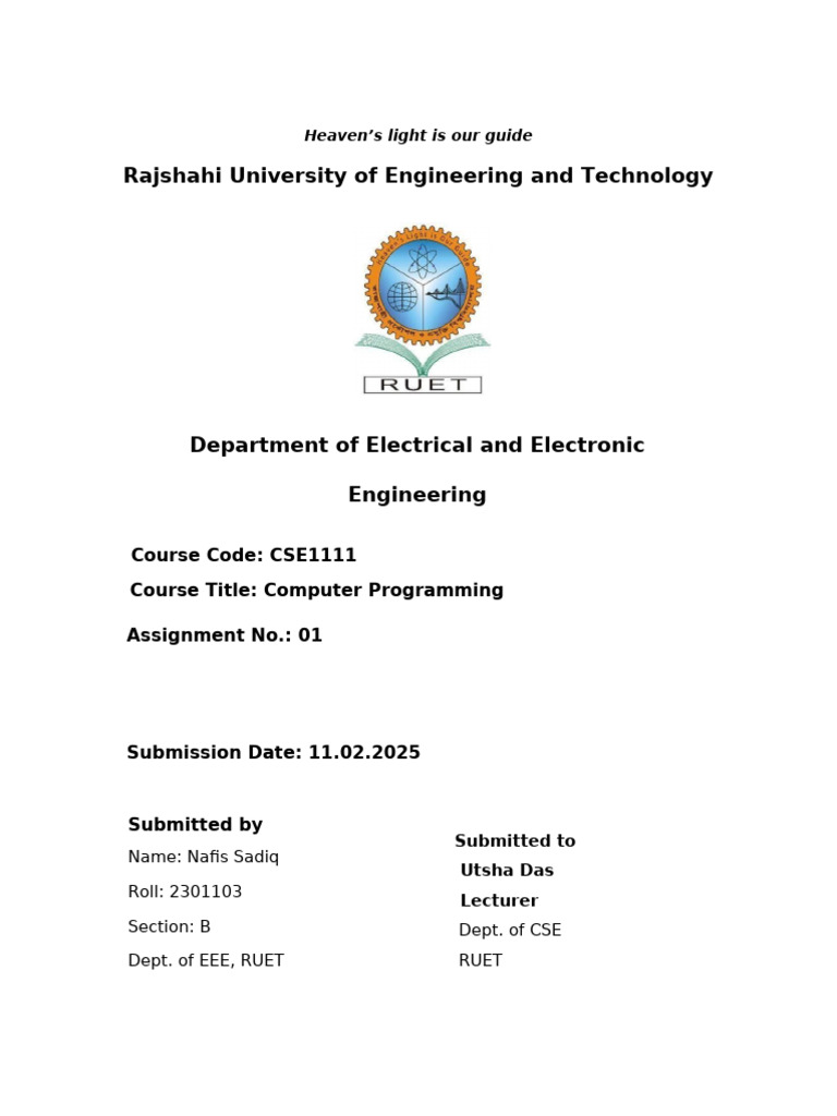 CSE1111 Computer Programming Assignment | PDF