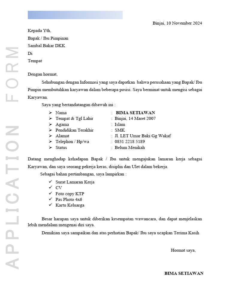 Lamaran Kerja Bima Setiawan | PDF