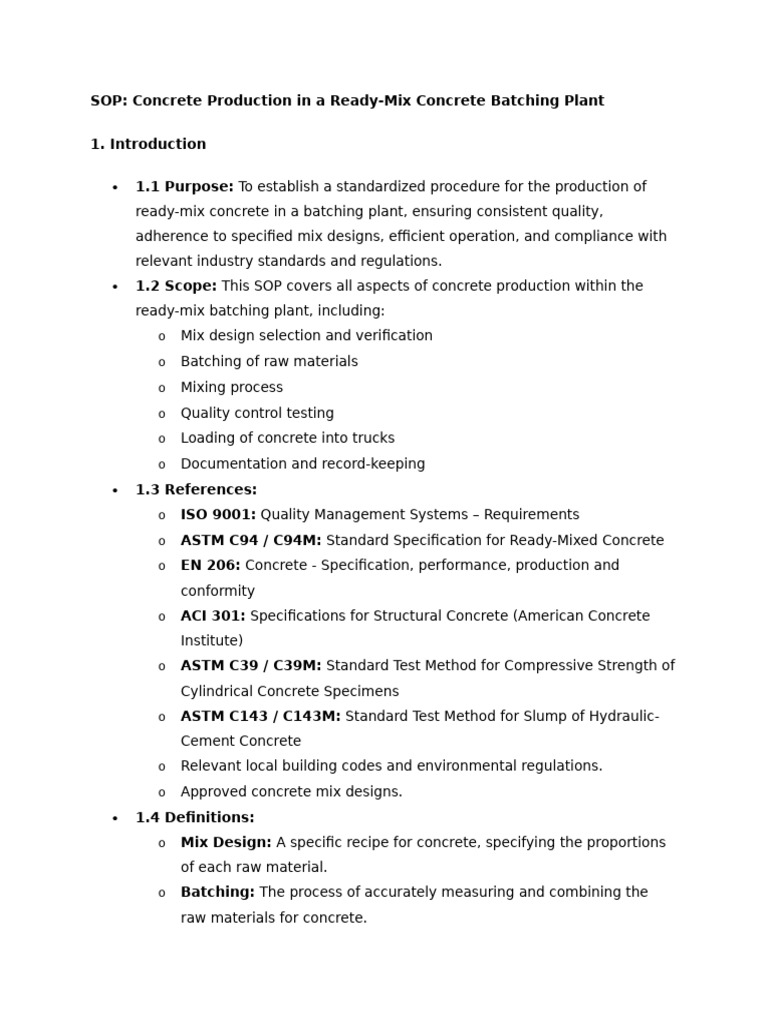 SOP - Concrete Production in A Ready-Mix Concrete Batching Plant | PDF ...