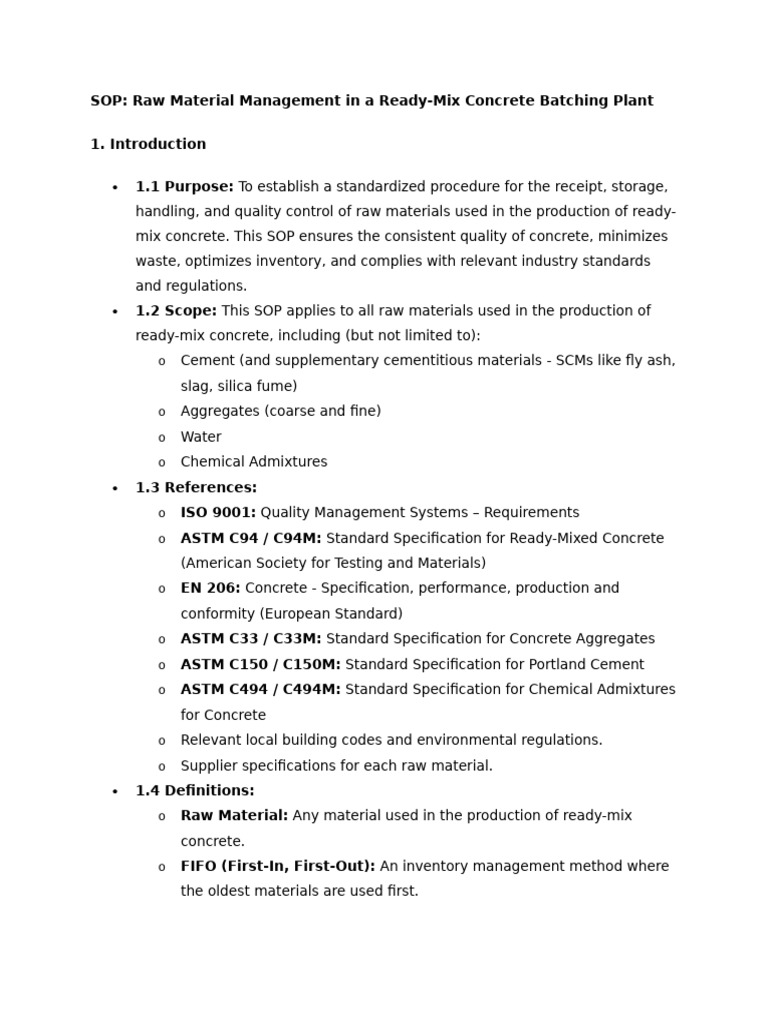 SOP - Raw Material Management in A Ready-Mix Concrete Batching Plant | PDF | Concrete | Cement