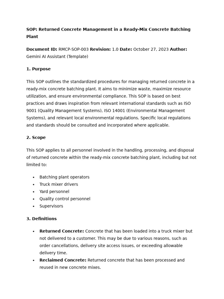 SOP - Returned Concrete Management in a Ready-Mix Concrete Batching Plant | PDF | Concrete ...