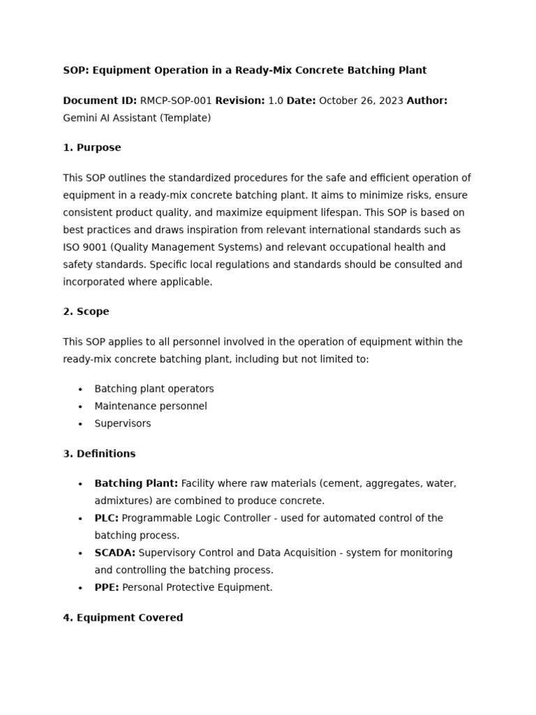 SOP - Equipment Operation in A Ready-Mix Concrete Batching Plant | PDF | Concrete