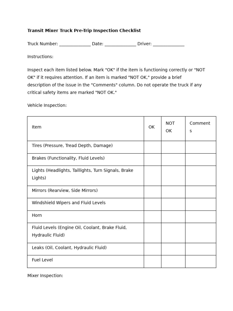 Transit Mixer Truck Inspection Checklist | PDF | Brake | Truck