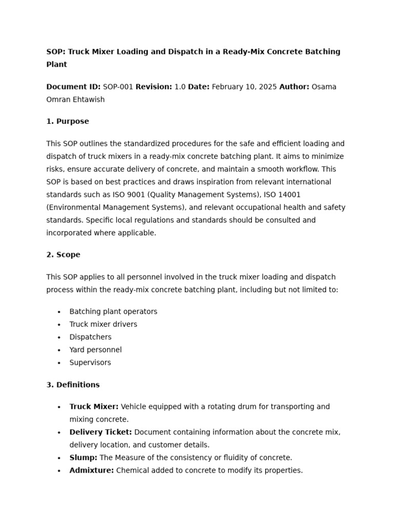 SOP - Truck Mixer Loading and Dispatch in A Ready-Mix Concrete Batching ...