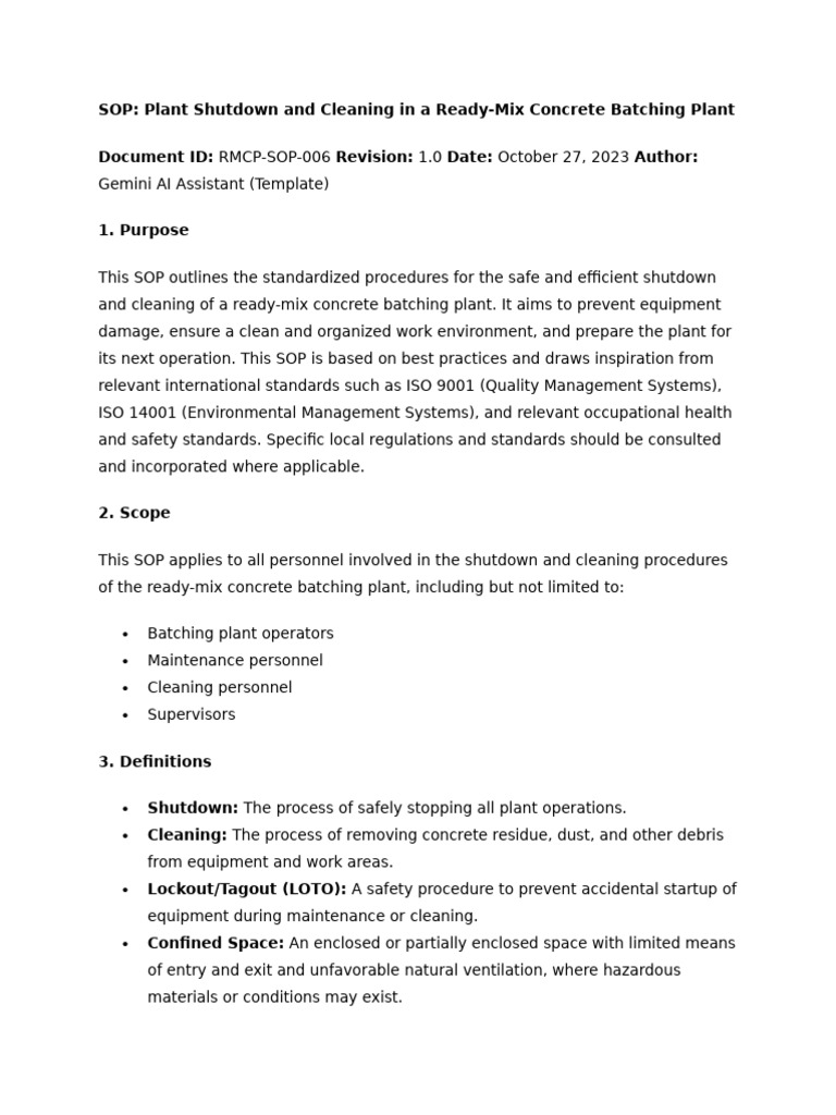 SOP - Plant Shutdown and Cleaning in A Ready-Mix Concrete Batching ...