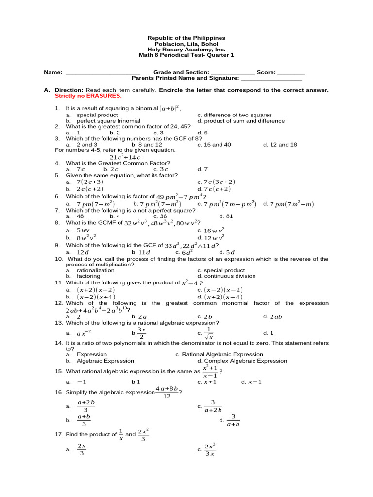 Math 8 Quarter 1 Test | PDF | Factorization | Mathematics