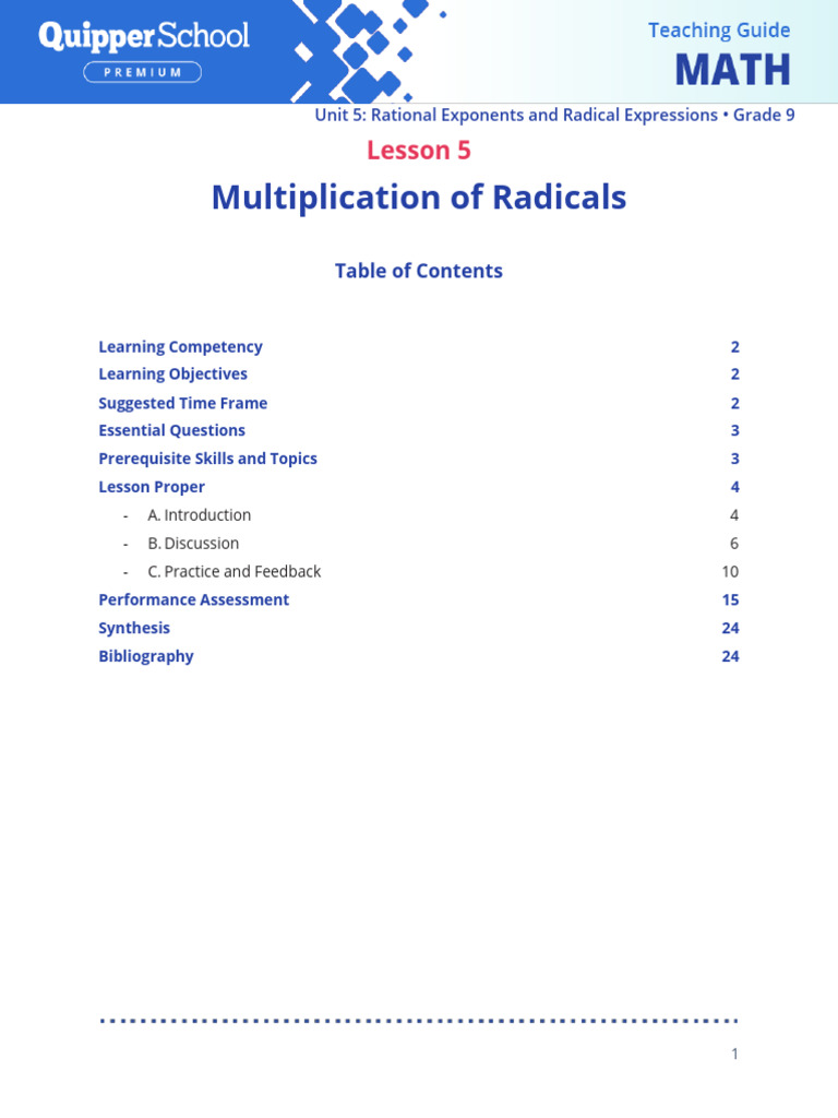 Multiplying Radicals in Grade 9 Math | PDF | Multiplication ...