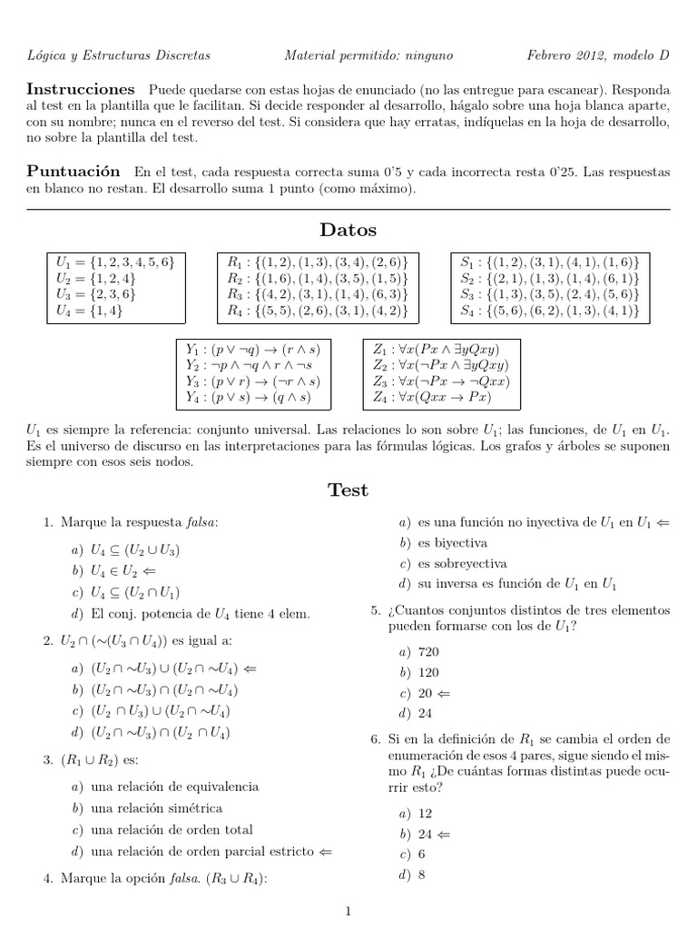 Test de Lógica y Estructuras Discretas | PDF | Matemáticas ...