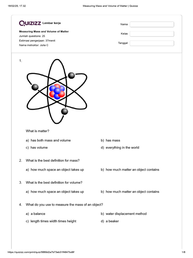 Mass and Volume Measurement Quiz | PDF | Volume | Mass