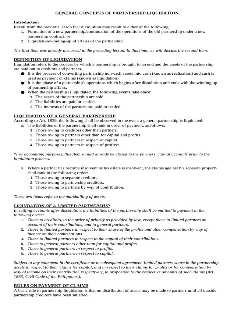 General Concepts of Partnership Liquidation | PDF | Liquidation ...