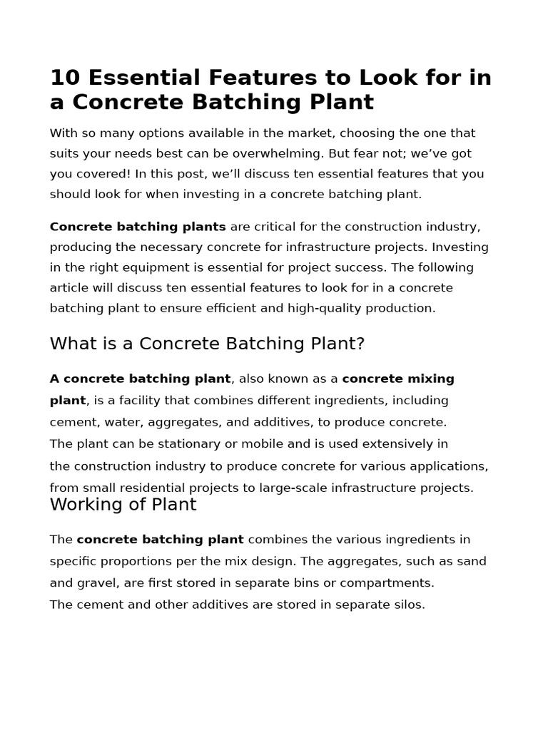 10 Essential Features to Look for in a Concrete Batching Plant | PDF | Concrete | Structural ...