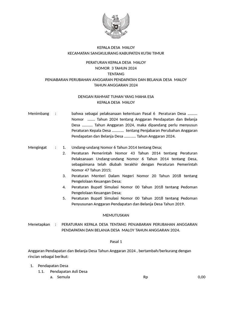 Perkades Perubahan APBDes 2024 Maloy | PDF