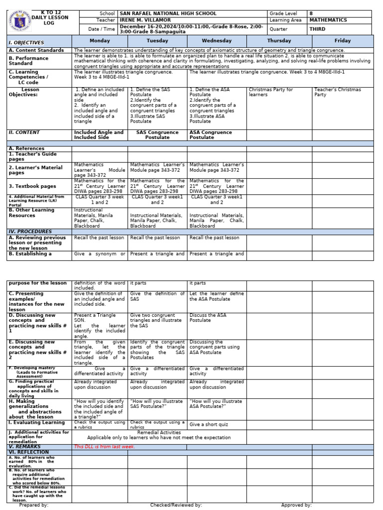 DLL-Math 8 2024-2025 W3 Q3 | PDF | Mathematics | Learning