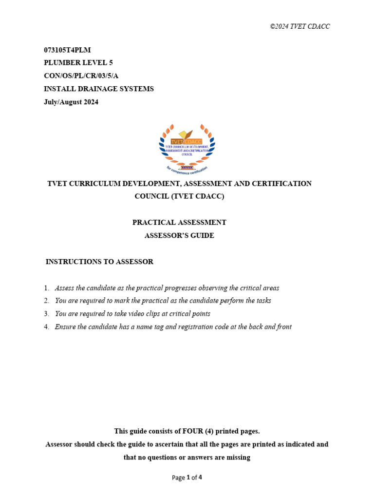 Plumber Level 5 Practical Assessment Guide | PDF | Personal Protective ...