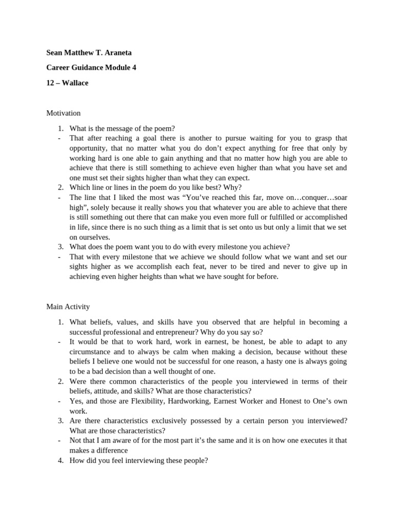 Module 4 Answers Career Guidance (Sean Matthew T. Araneta) | PDF ...