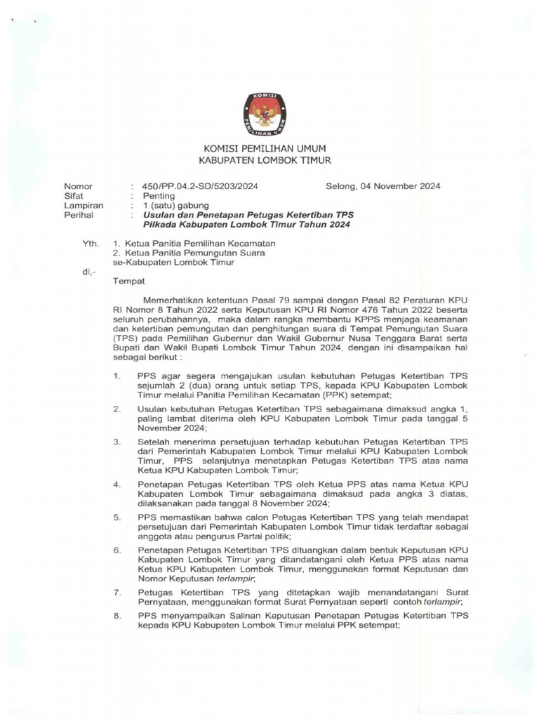Usulan Dan Penetapan Petugas Keteriban TPS Pilkada 2024 | PDF