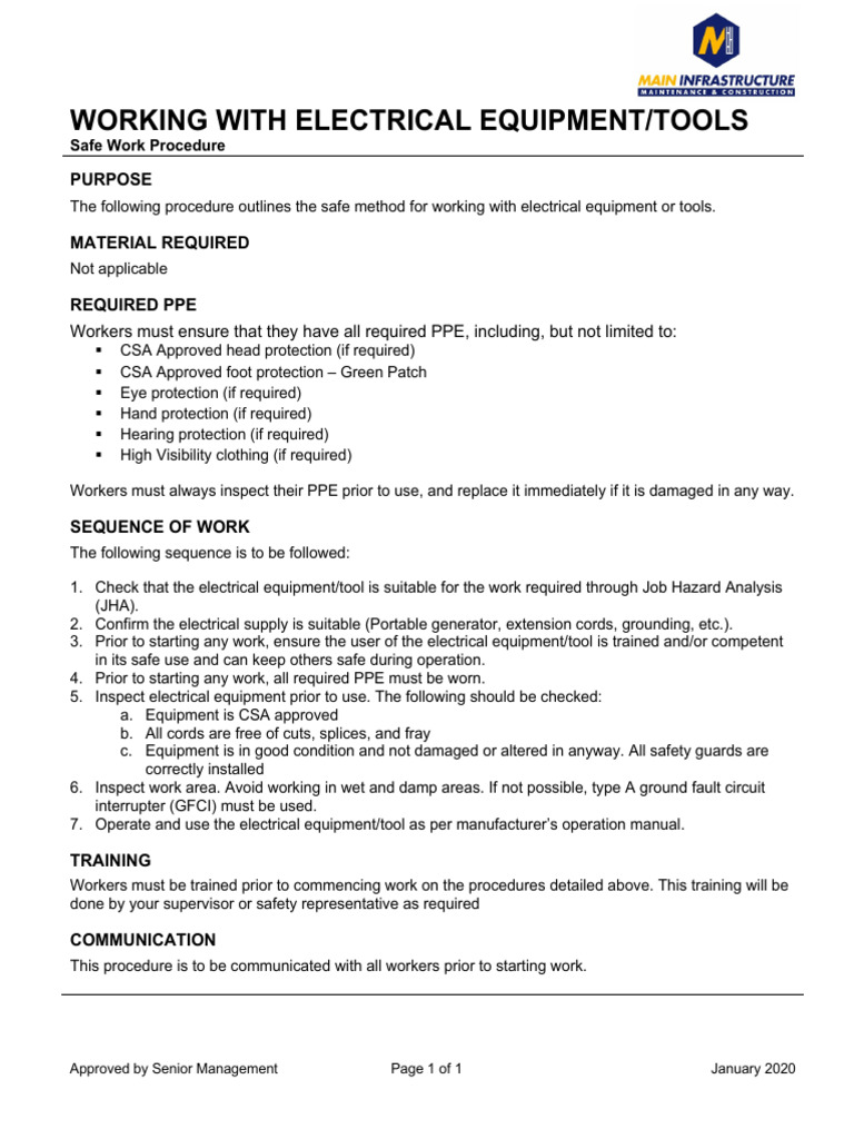 Safe Work Procedure for Electrical Tools | PDF