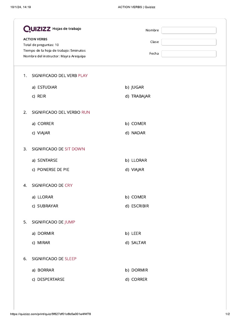 Verbos de Acción en Quizizz | PDF