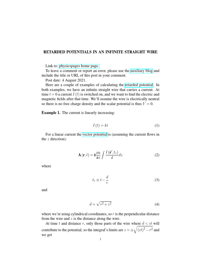 Retarded Potentials in Infinite Wire | PDF | Classical Mechanics ...