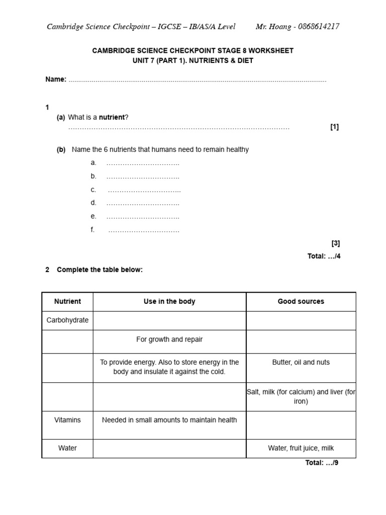 Worksheet Unit 7 (Part 1) | PDF | Vitamin | Nutrients