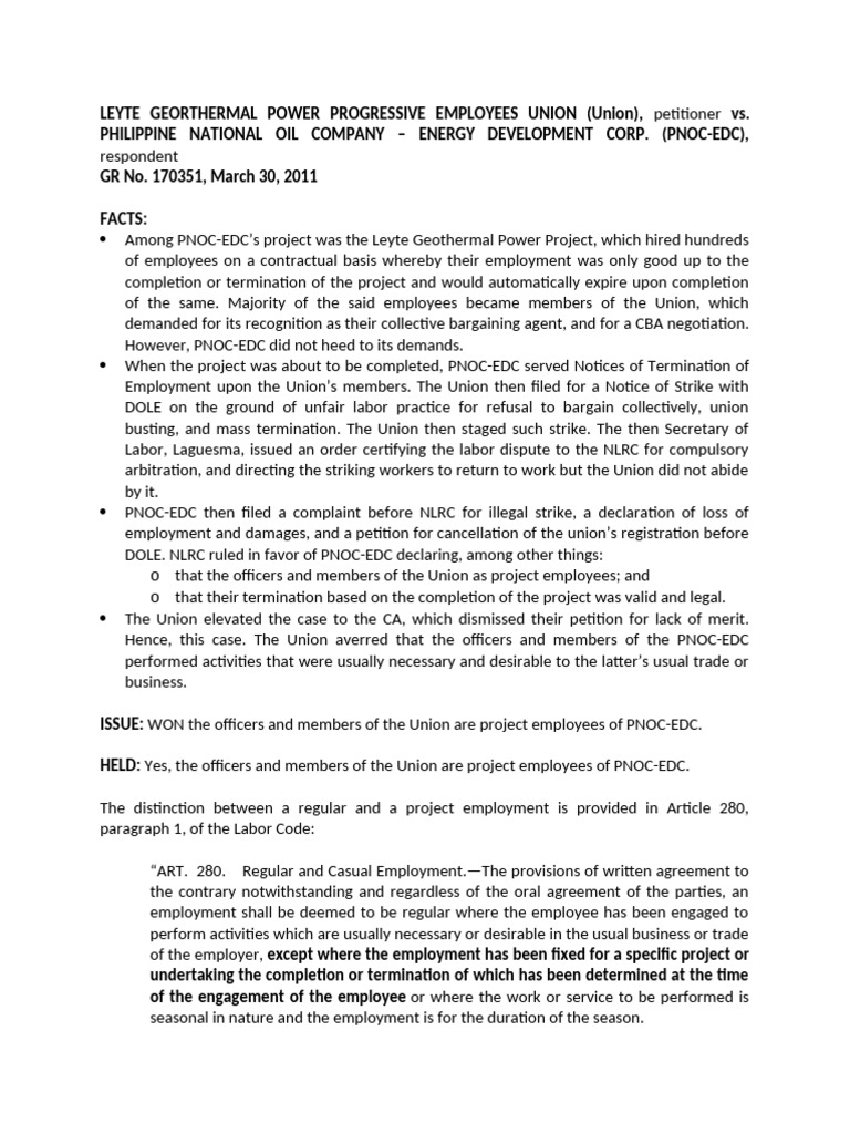 Leyte Geothermal Power Union vs. PNOC-EDC | PDF | Employment | Strike ...