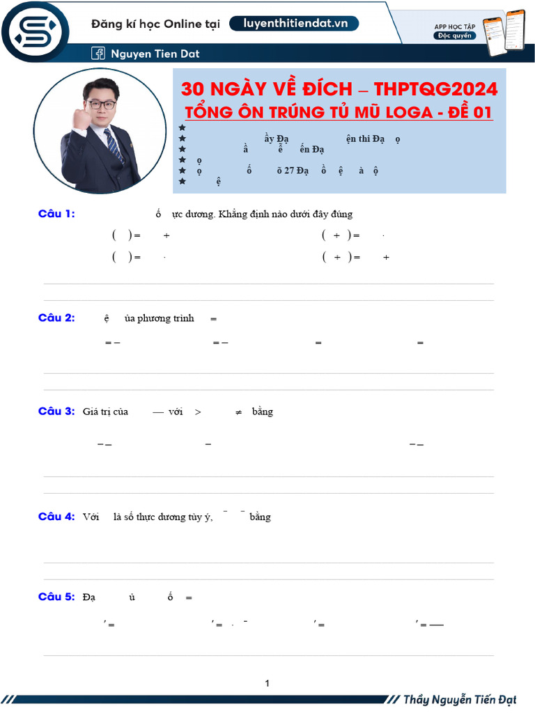 (30 NGÀY VỀ ĐÍCH) 3. Tổng ôn trúng tủ mũ loga - đề số 01 | PDF