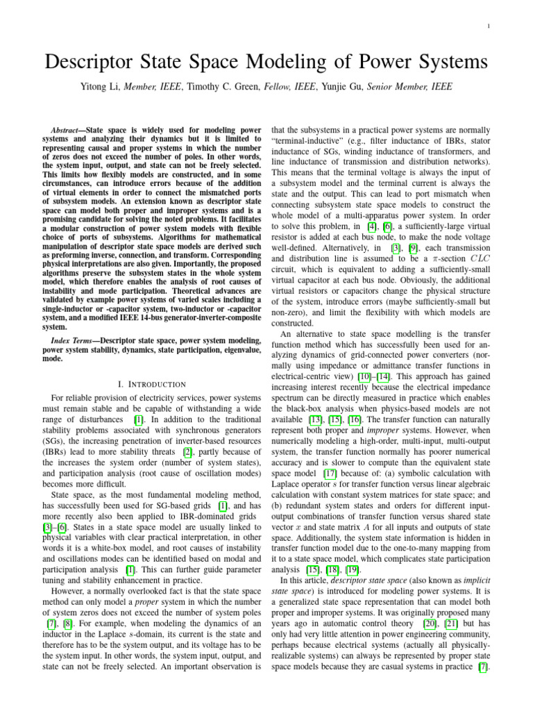 Descriptor State Space Modeling of Power Systems | PDF | Eigenvalues ...