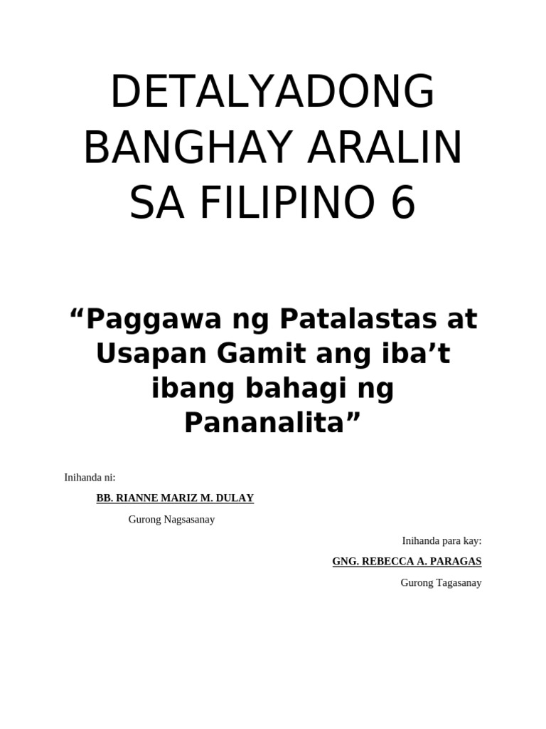 Detalyadong Banghay Aralin Sa Filipino 6 | PDF