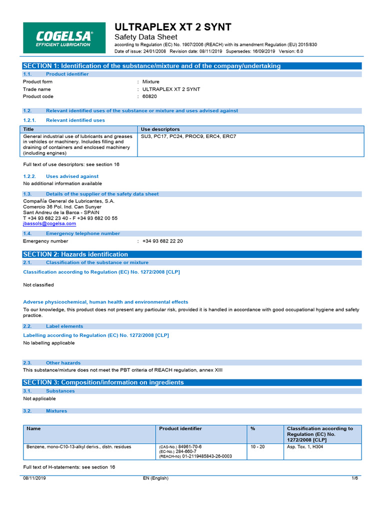 ULTRAPLEX XT 2 SYNT MSDS en | PDF | Dangerous Goods | Personal ...