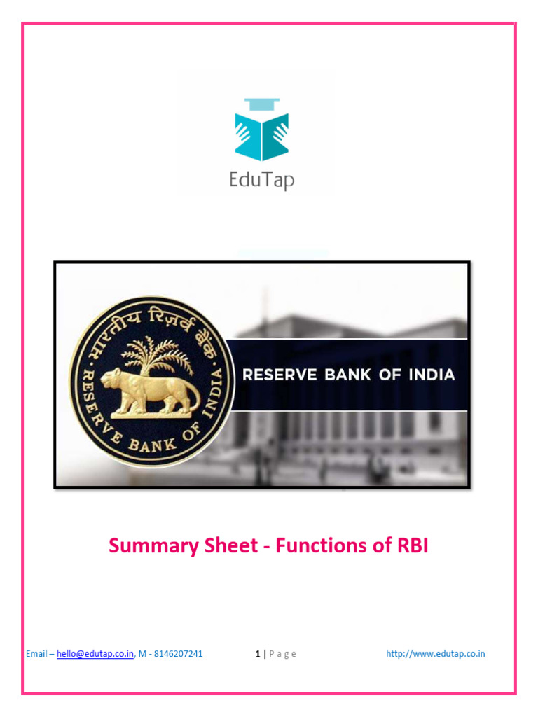 Functions of RBI | PDF | Reserve Bank Of India | Deposit Insurance