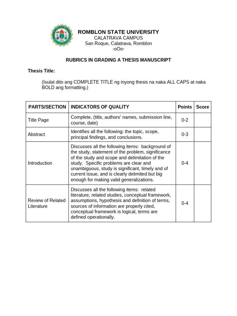 Rubrics in Grading A Thesis Manuscript and Oral Defense | PDF | Methodology | Thesis