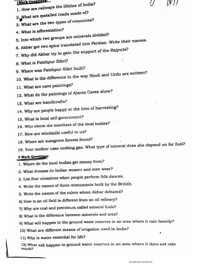 4th SST 1 Mark, 2 Marks and 3 Marks Question Answer | PDF