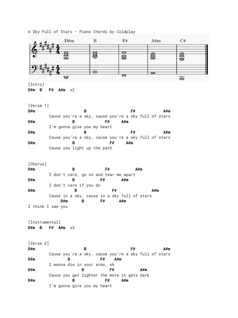 Coldplay A Sky Full of Stars Piano Chords | PDF