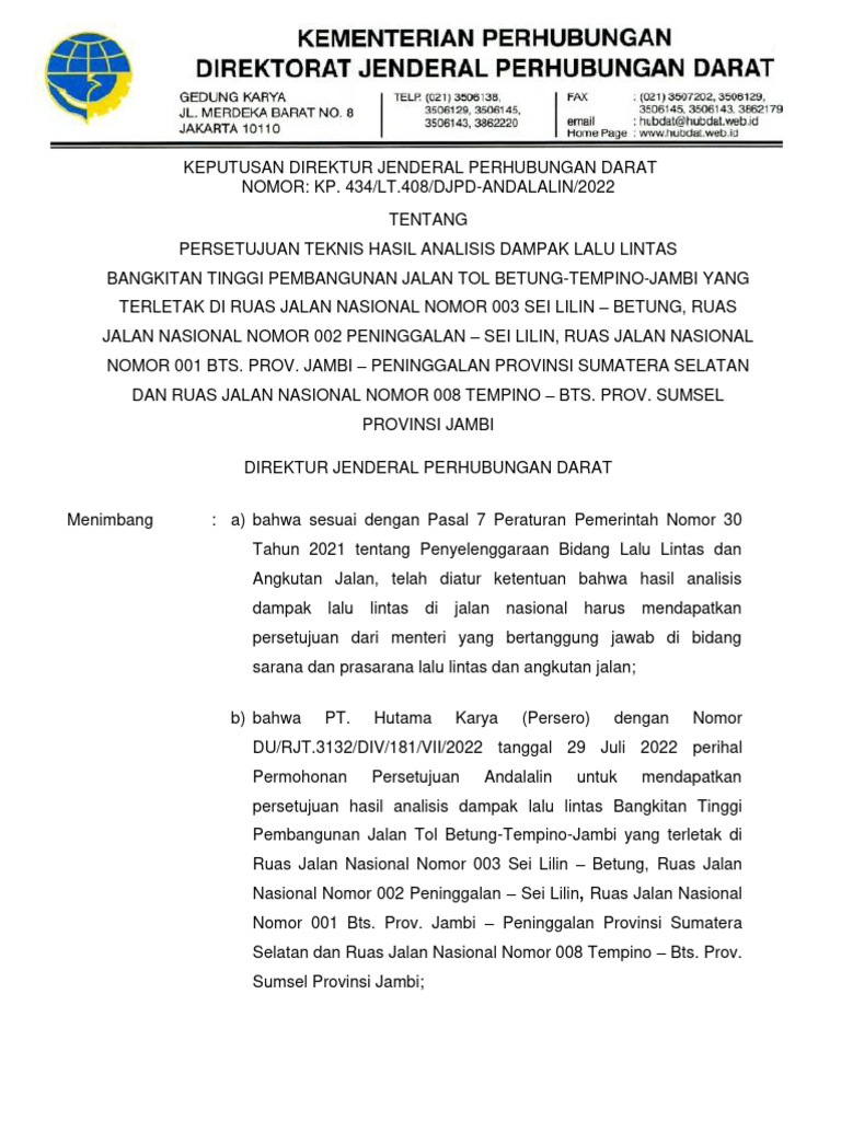 11 Pertek Andalalin KP.434-LT.408-DJPD-ANDALALIN-2022 | PDF