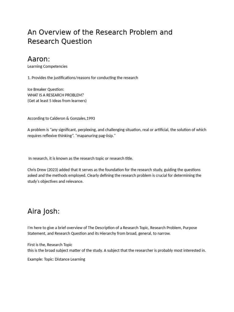 An Overview of The Research Problem and Research Question | PDF | Question | Cognitive Science