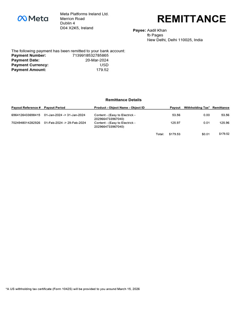 Remittance Details for Aadil Khan | PDF