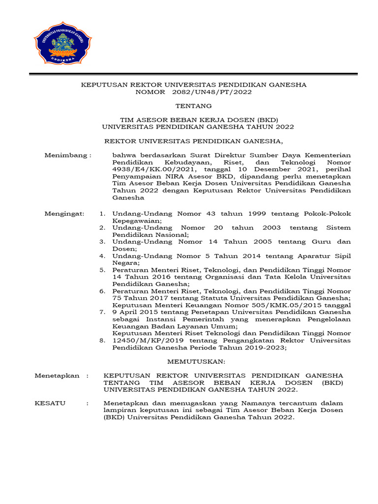SK Tim Asesor Beban Kerja Dosen (BKD) 2082 | PDF