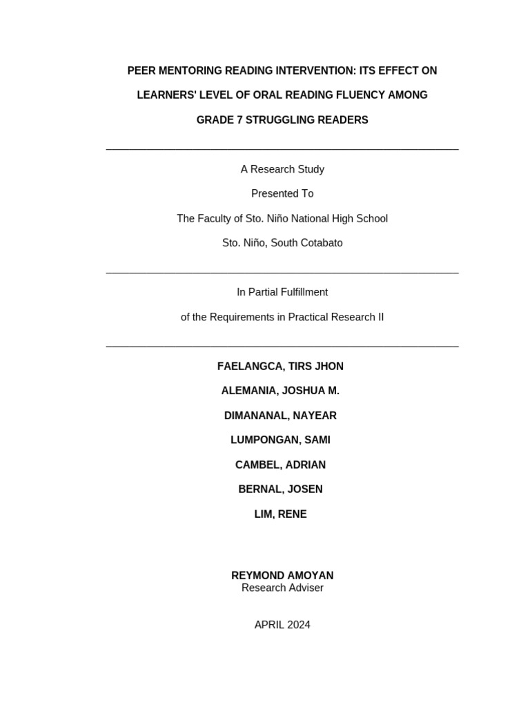 Alemania Et Al Peer Mentoring Reading Intervention Its Affect On Learners Level of Oral Reading ...