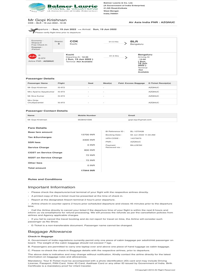 MR Gopi Krishnan: COK BLR | PDF | Aviation