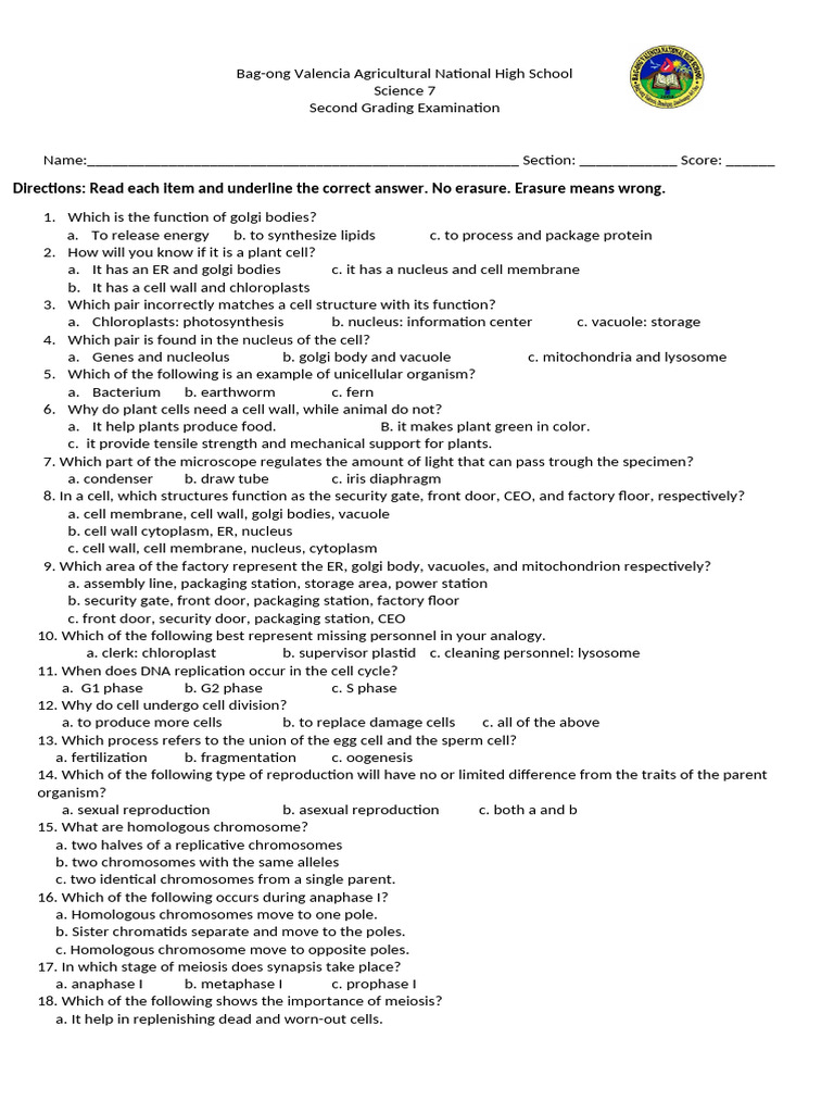 matatag g7 2nd grading exam | PDF | Meiosis | Reproduction