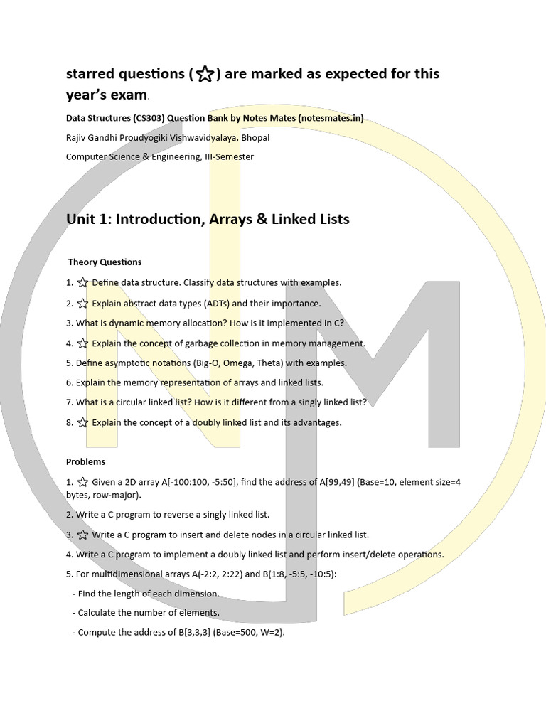 CS303 Data Structures Exam Question Bank | PDF | Graph Theory | Applied Mathematics