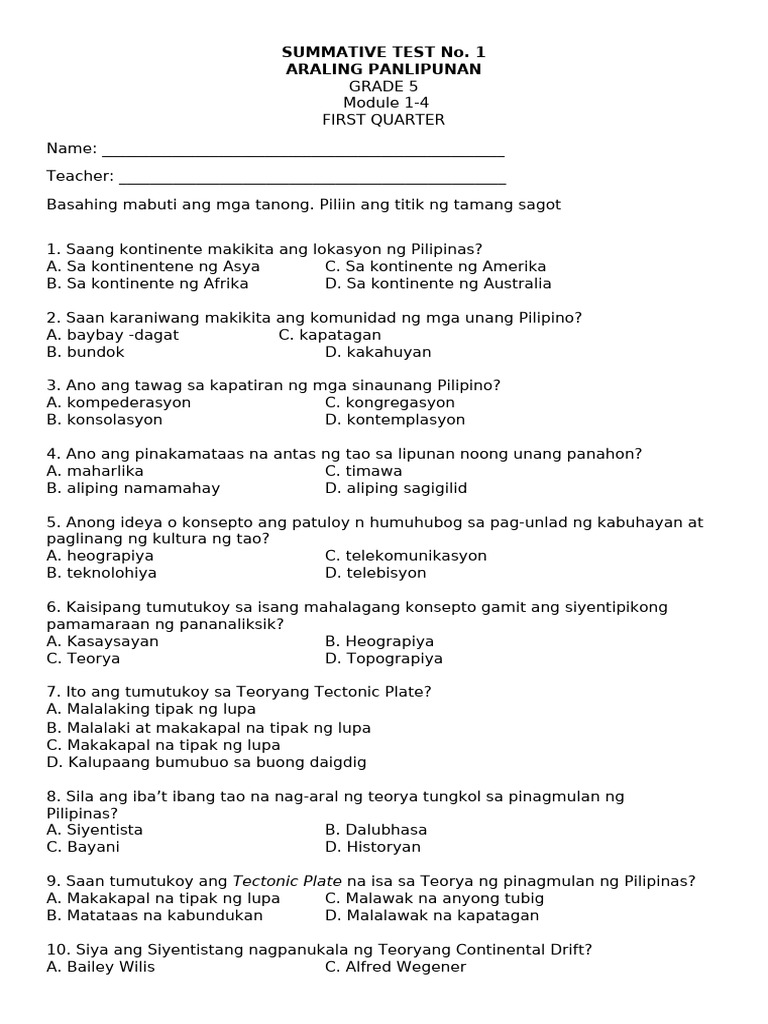 SUMMATIVE TEST No. 1 AP5 1st Quarter | PDF