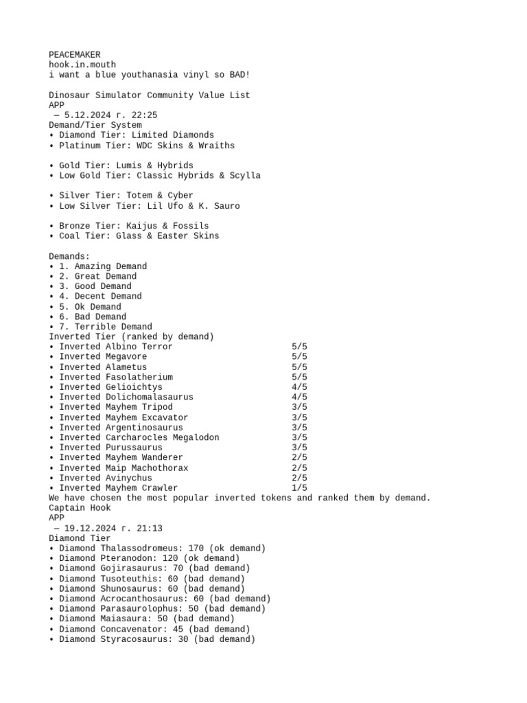 Dino Sim Value List & Updates | PDF