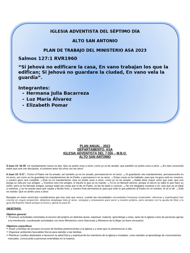 Plan de Trabajo Ministerio ASA 2023 | PDF